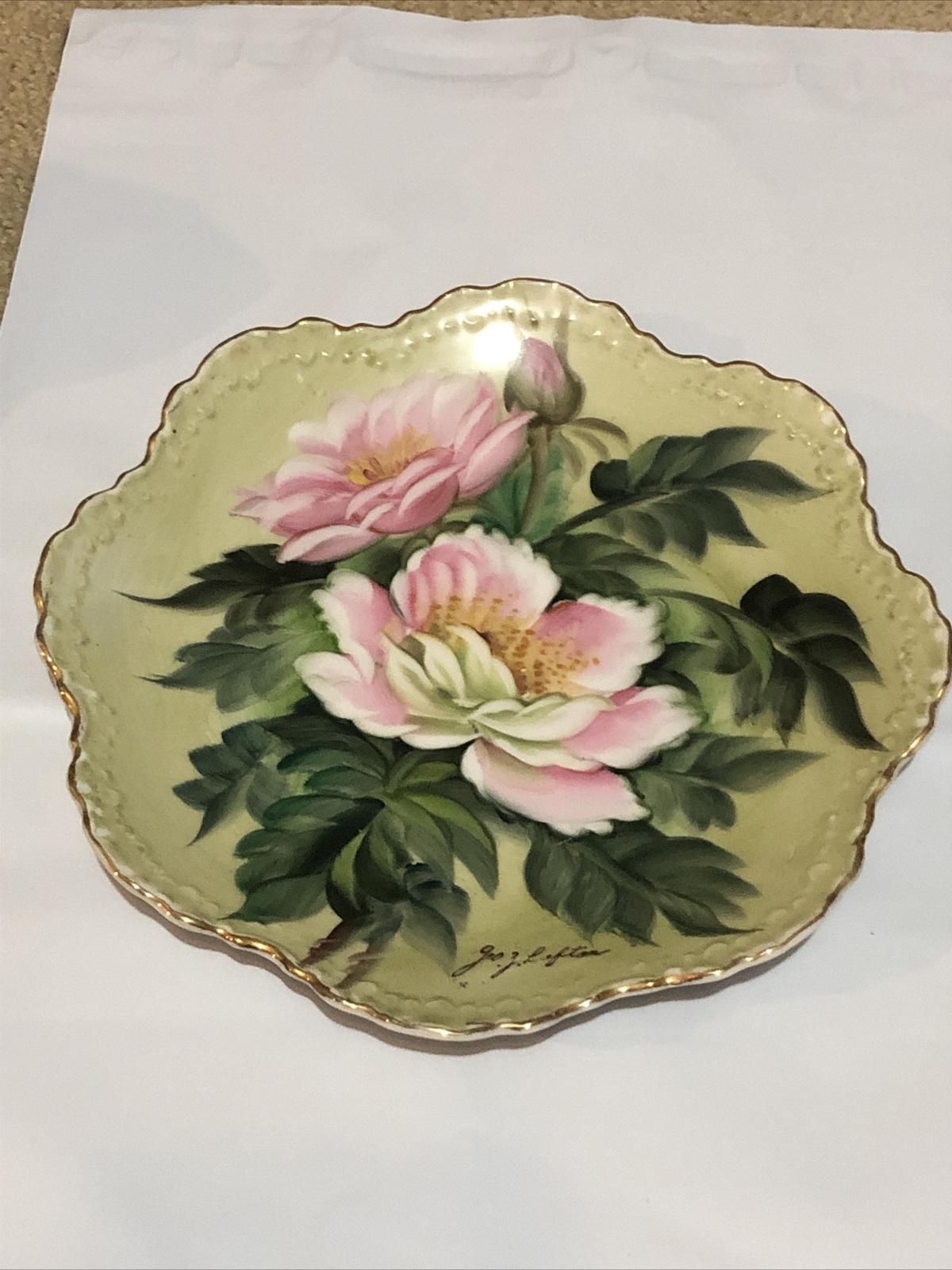 Lefton China Hand Painted Plate Signed Geo Z Lefton Green w/Roses Gold ...