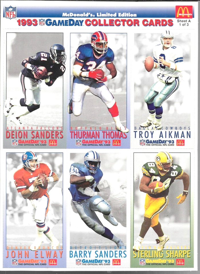 1993 Game Day Sheet A 1 Of 3 D And B Sanders Thomas Aikman Elway Sharpe ...