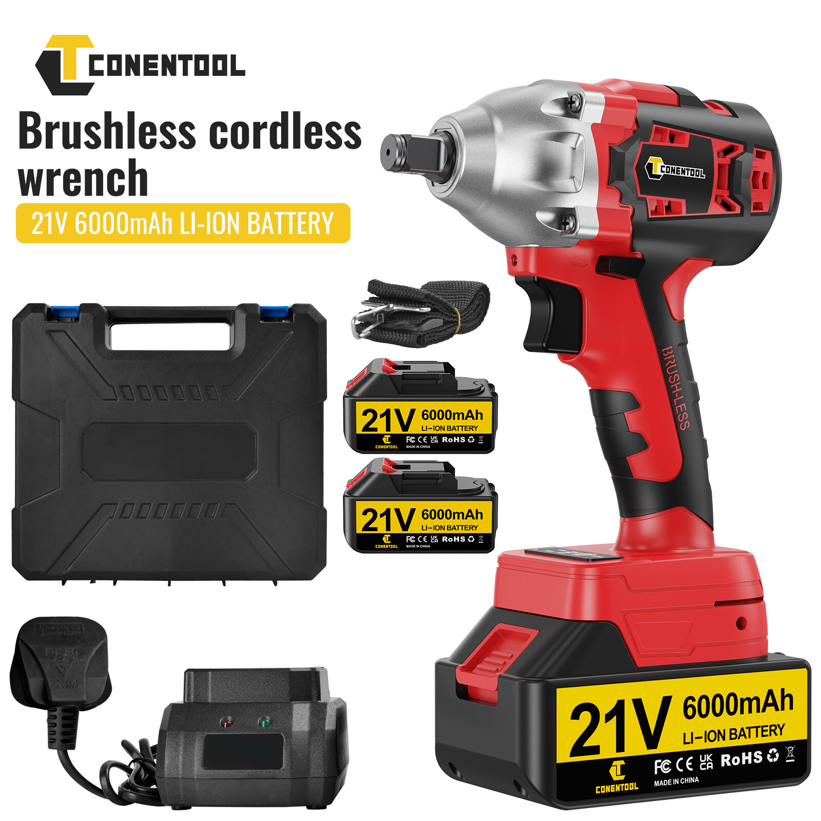21V Cordless Impact Wrench 1/2"Driver Ratchet Rattle Nut Gun Set Red ...