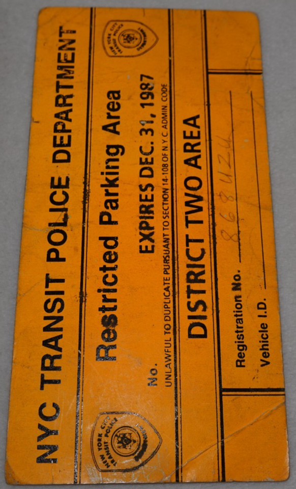 1987 New York City Transit Police Restricted Parking Area Paper Sign ...