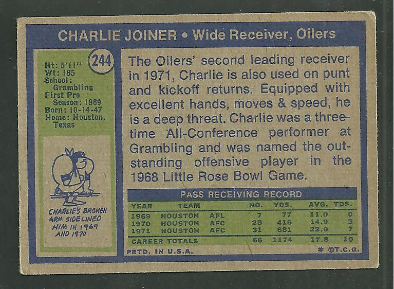 1972 Topps #244 Charlie Joiner Vintage Football Card NFL Houston Oilers ...