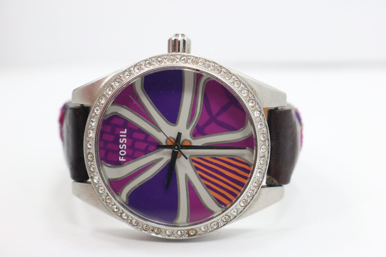 Fossil Purple Flower Face Watch W/Leather Band ES-2574 Crystal Bezel ...