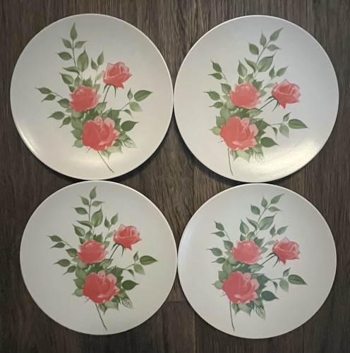 Set of Four Melmac Dinner Plates 9”x9” Melamine Pink Floral Roses ...