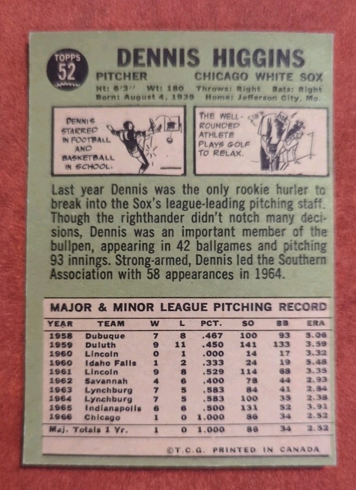 1967 O-Pee-Chee OPC DENNIS HIGGINS #52 Chicago White Sox | eBay