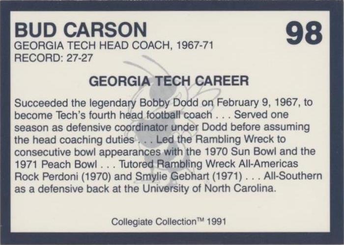 1991 Collegiate Collection Bud Carson #98 for sale | eBay