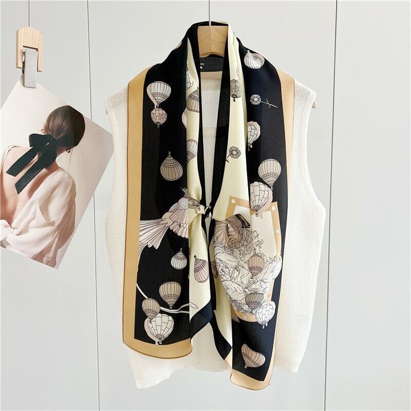 Balloons Print 100% Mulberry Silk Crepe Shawl Neckerchief Oblong Scarf ...