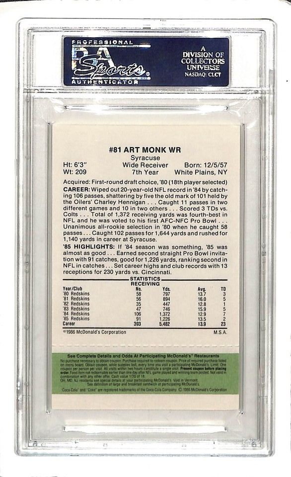 1986 McDonald's Art Monk Redskins Green #81 PSA 9 Mint | eBay