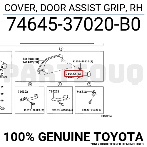 7464537020B0 Genuine Toyota COVER, DOOR ASSIST GRIP, RH 74645-37020-B0 ...