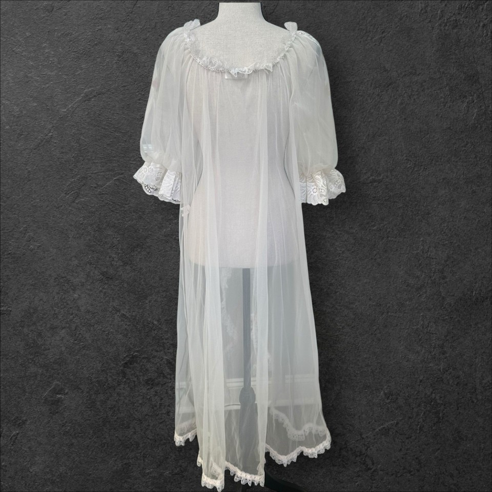VTG 70s 80s White Sheer Lace Bridal Boudoir Peignoir Robe Puff Sleeve ...