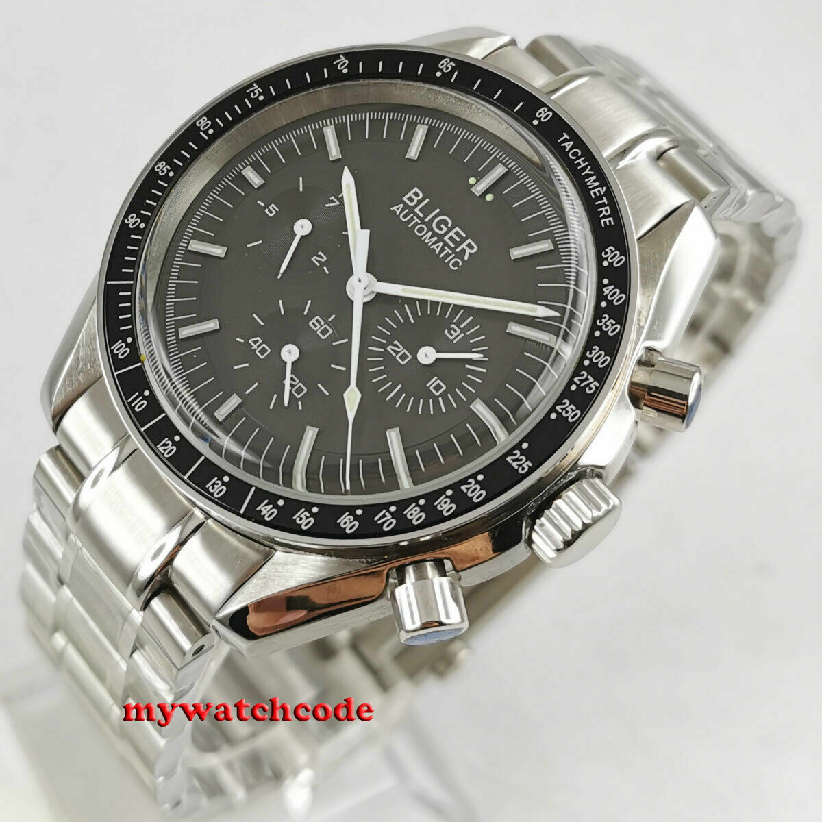 40mm Bliger blue white black dial week day multifunction automatic mens ...