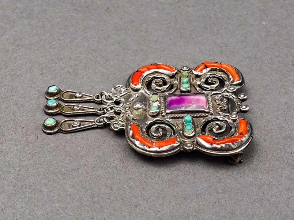 Matl Matilde Poulat Mexico Sterling Amethyst Turquoise Coral Brooch Pin ...