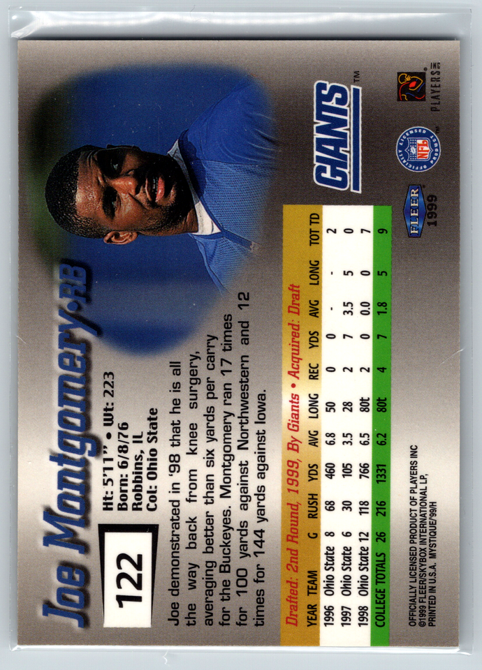 Joe Montgomery 1999 Fleer Mystique RC, SN2999 #122 New York Giants ...