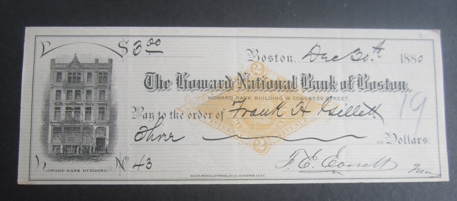 1880 - Howard National Bank of Boston - BANK CHECK - Revenue Stamp - F ...