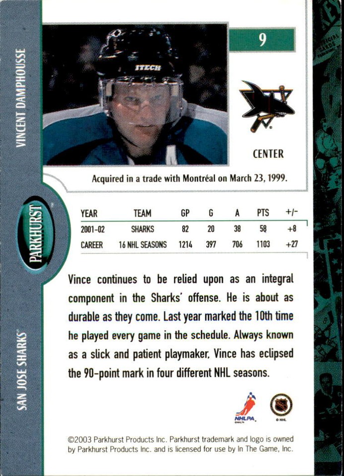Vincent Damphousse Signed Autographed 02/03 Parkhurst card San Jose ...
