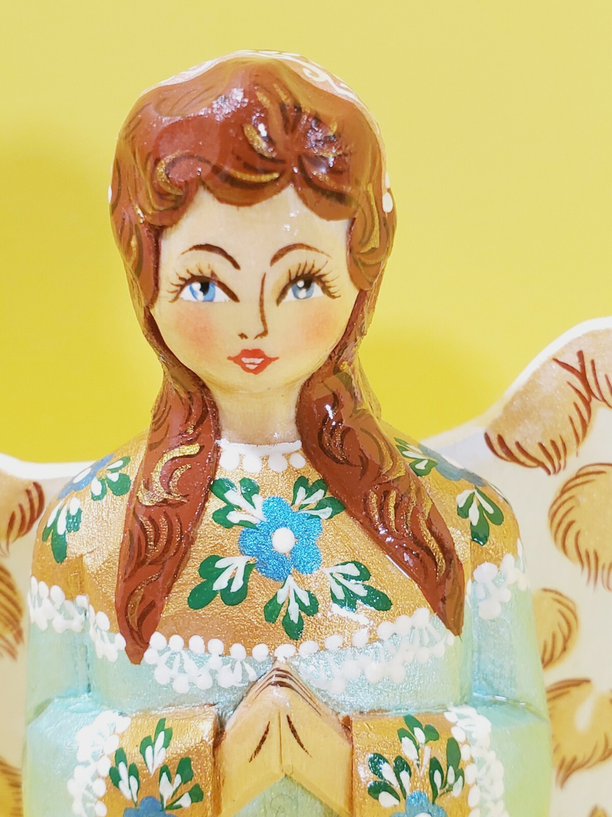 1997 Russian Hand Carved Wood Angel Doll Figurine Hand Painted Wings ...