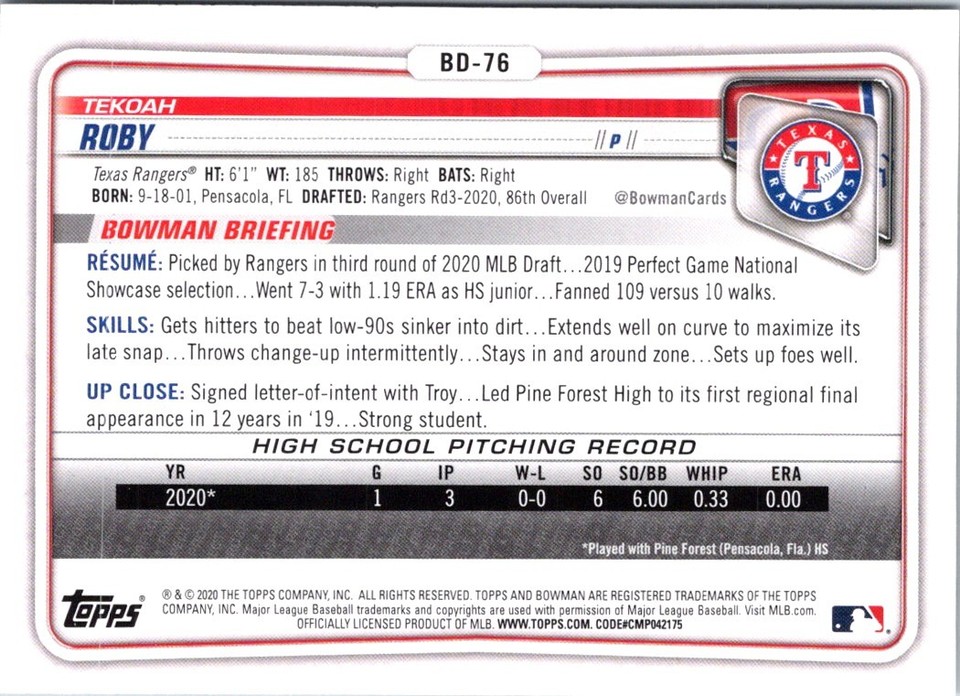 2020 Bowman Draft Tekoah Roby #BD-76 Texas Rangers Baseball Card | eBay