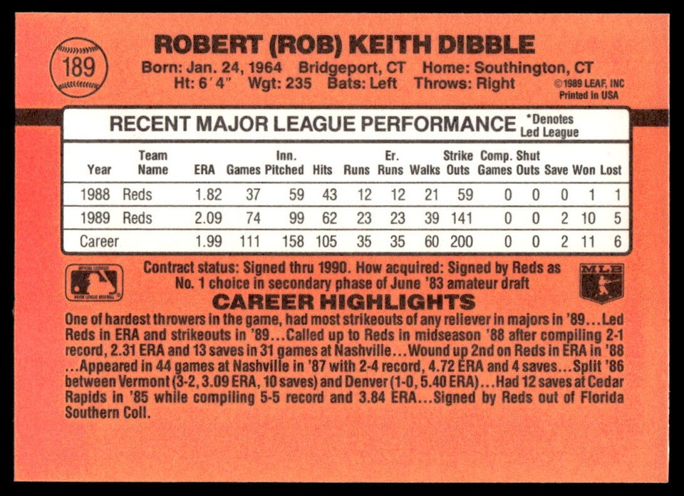 1990 Donruss 189 Rob Dibble Cincinnati Reds Baseball Card | eBay