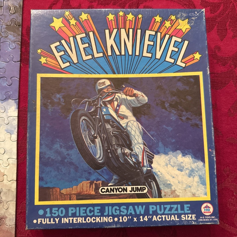 vtg 1974 EVEL KNIEVEL • CANYON JUMP COMPLETE 150 piece JIGSAW PUZZLE HG ...