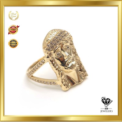 Hip Hop Jesus Iced Out Face Ring 10K Yellow Gold Cubic Zirconia 3.9g ...