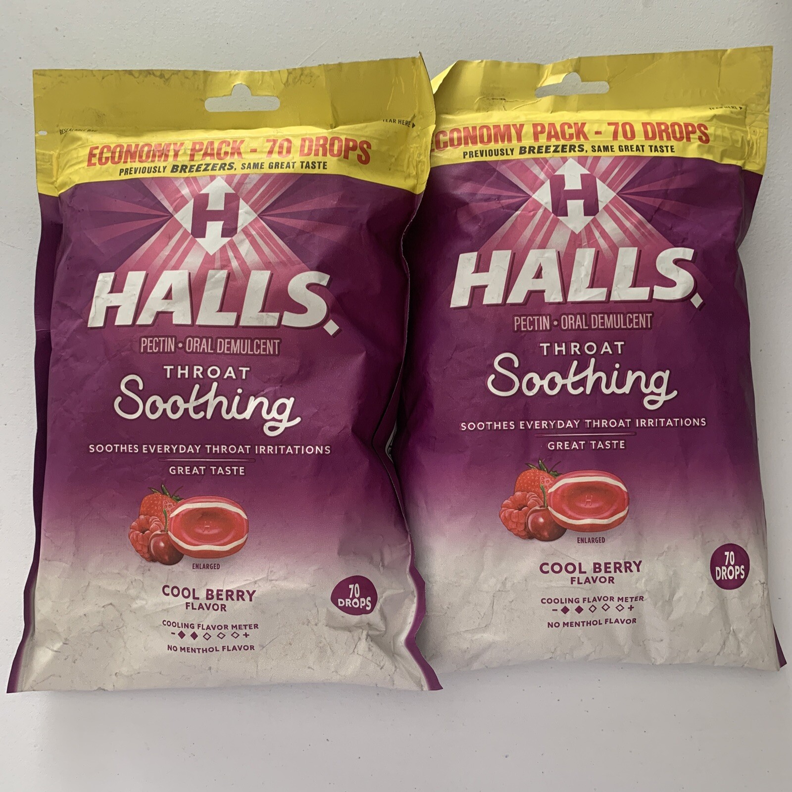 2 PACK HALLS Throat Soothing Cool Berry Throat Drops Economy Pack 70 CT ...