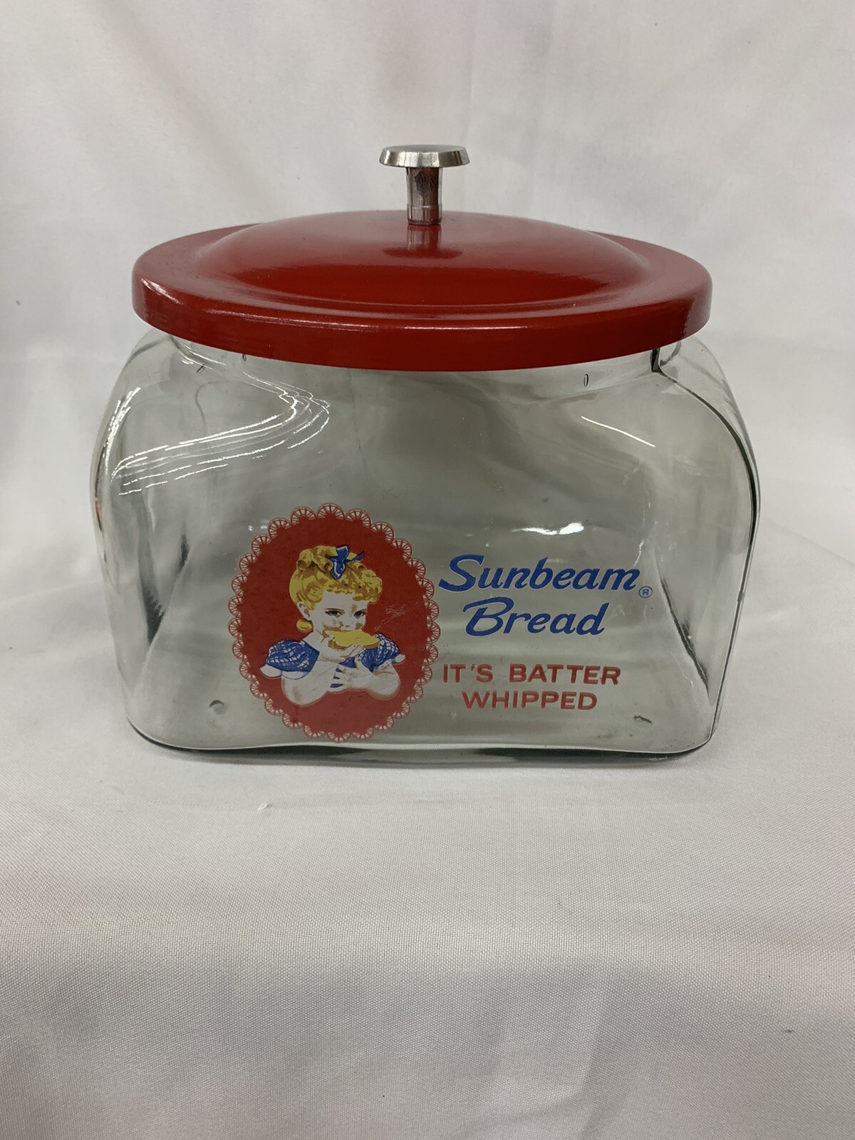 "SUNBEAM BREAD" GLASS COUNTER TOP JAR (8"x 6.5") NEAR PERF COND, VERY ...