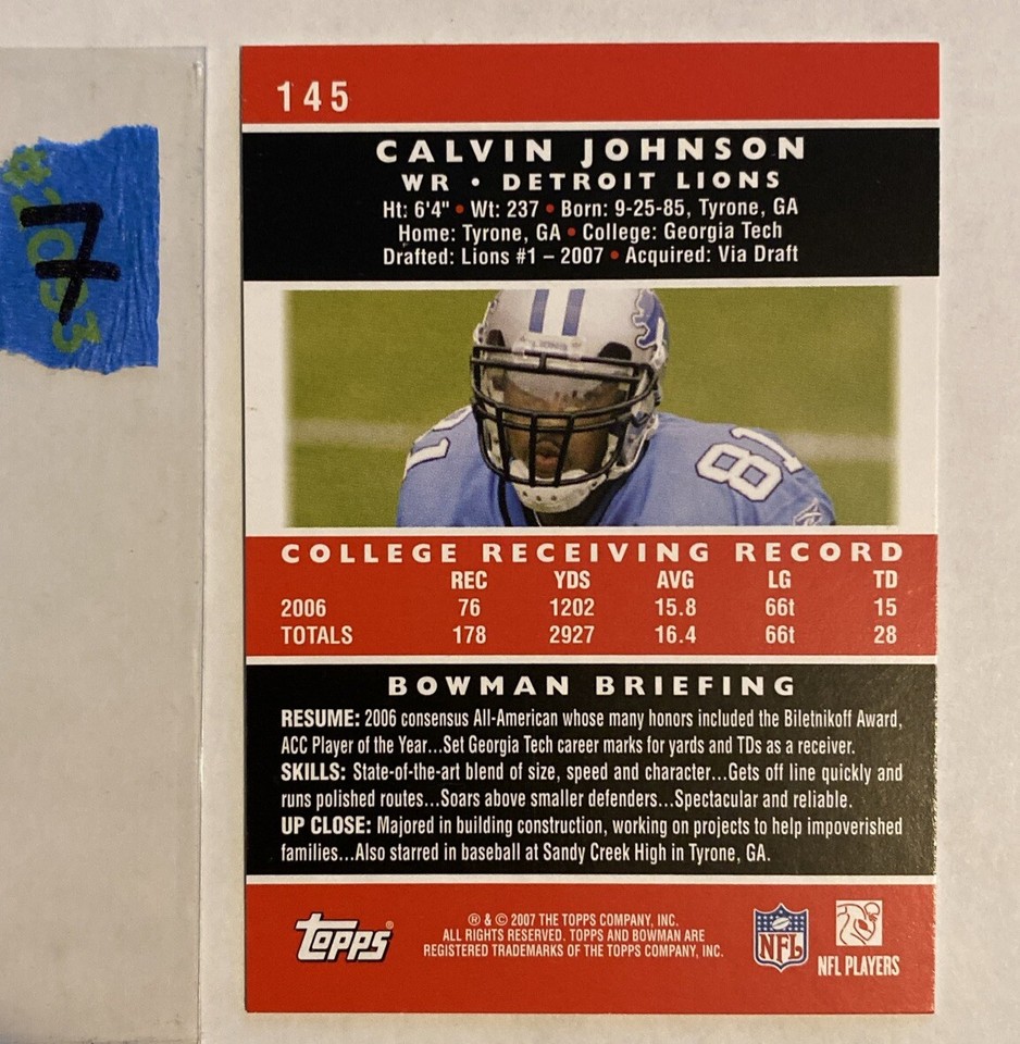 2007 Bowman #145 Calvin Johnson RC ROOKIE CARD ***DETROIT LIONS ...