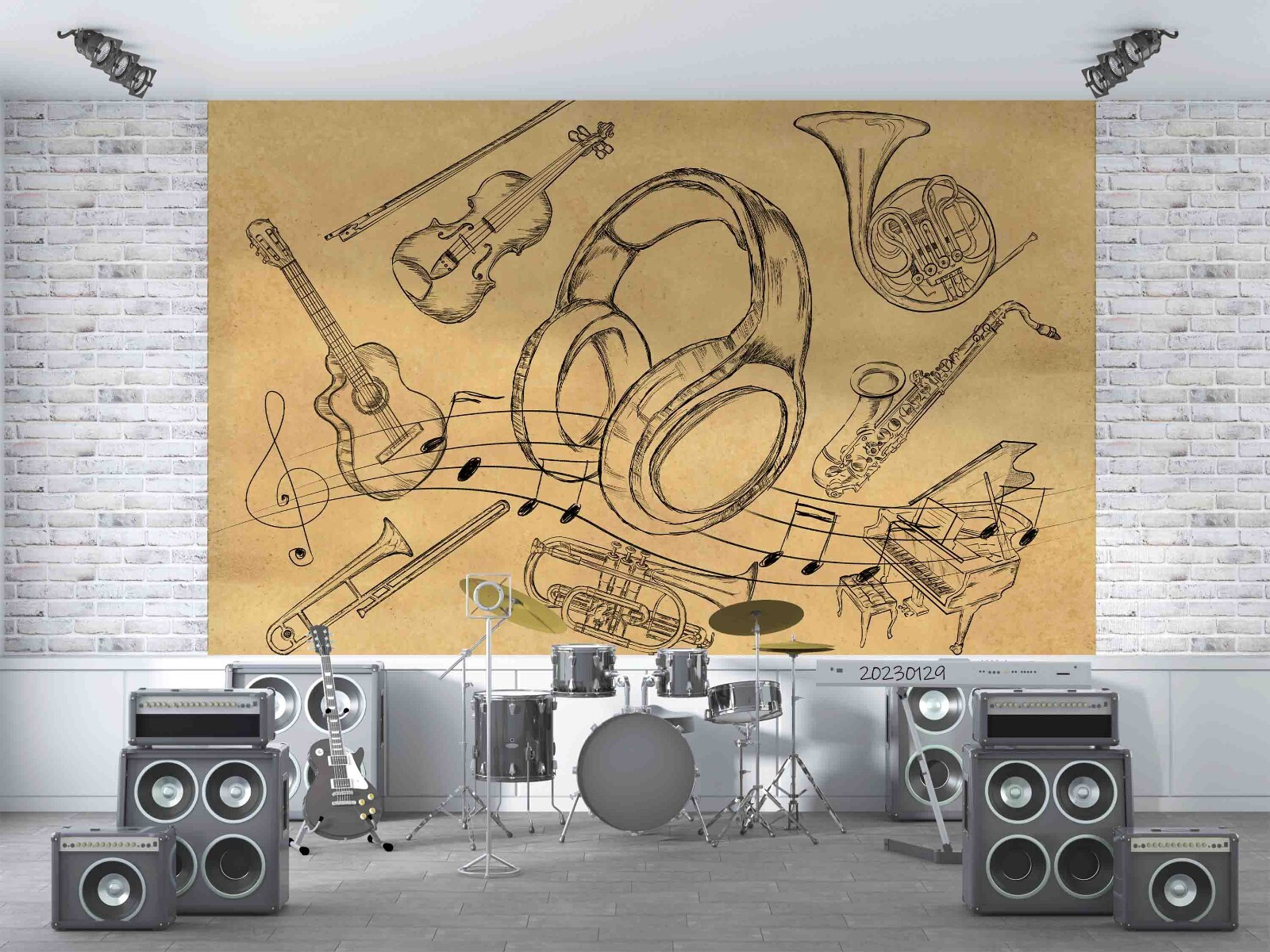 3D Musical Instrument Guitar Self-adhesive Removable Wallpaper Murals ...