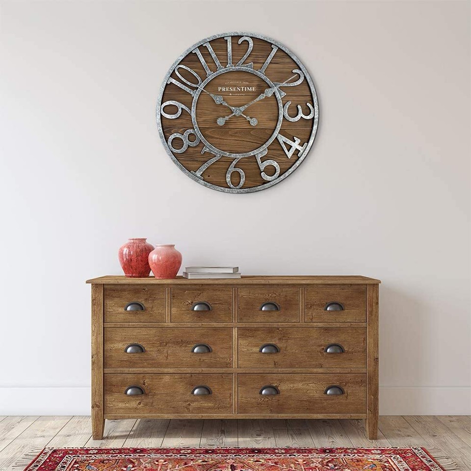 Rustic Barnwood Wall Clock Farmhouse Dinning Room Kitchen Decor Large ...