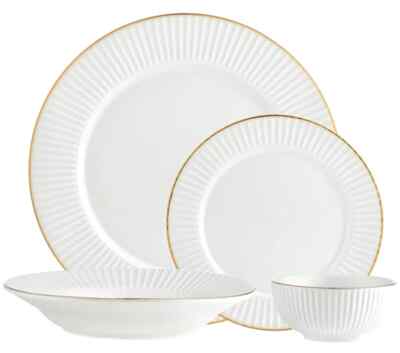 Godinger 16-Piece Gold Rim Fluted White Porcelain Dinnerware Set ...