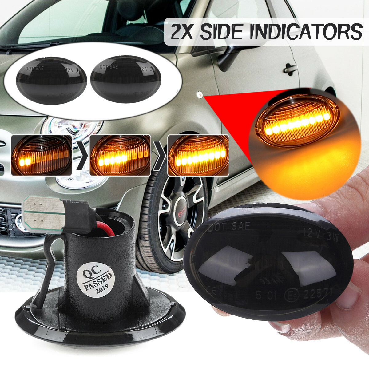 2X Sequential LED Side Marker Blinker Signal Light For Fiat 500 500e ...