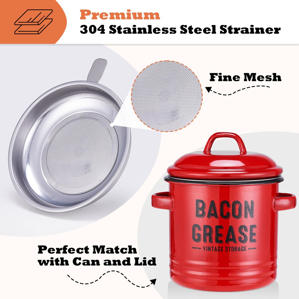 46oz Large Bacon Grease Container w/ Strainer Enamel Rustic Fat ...