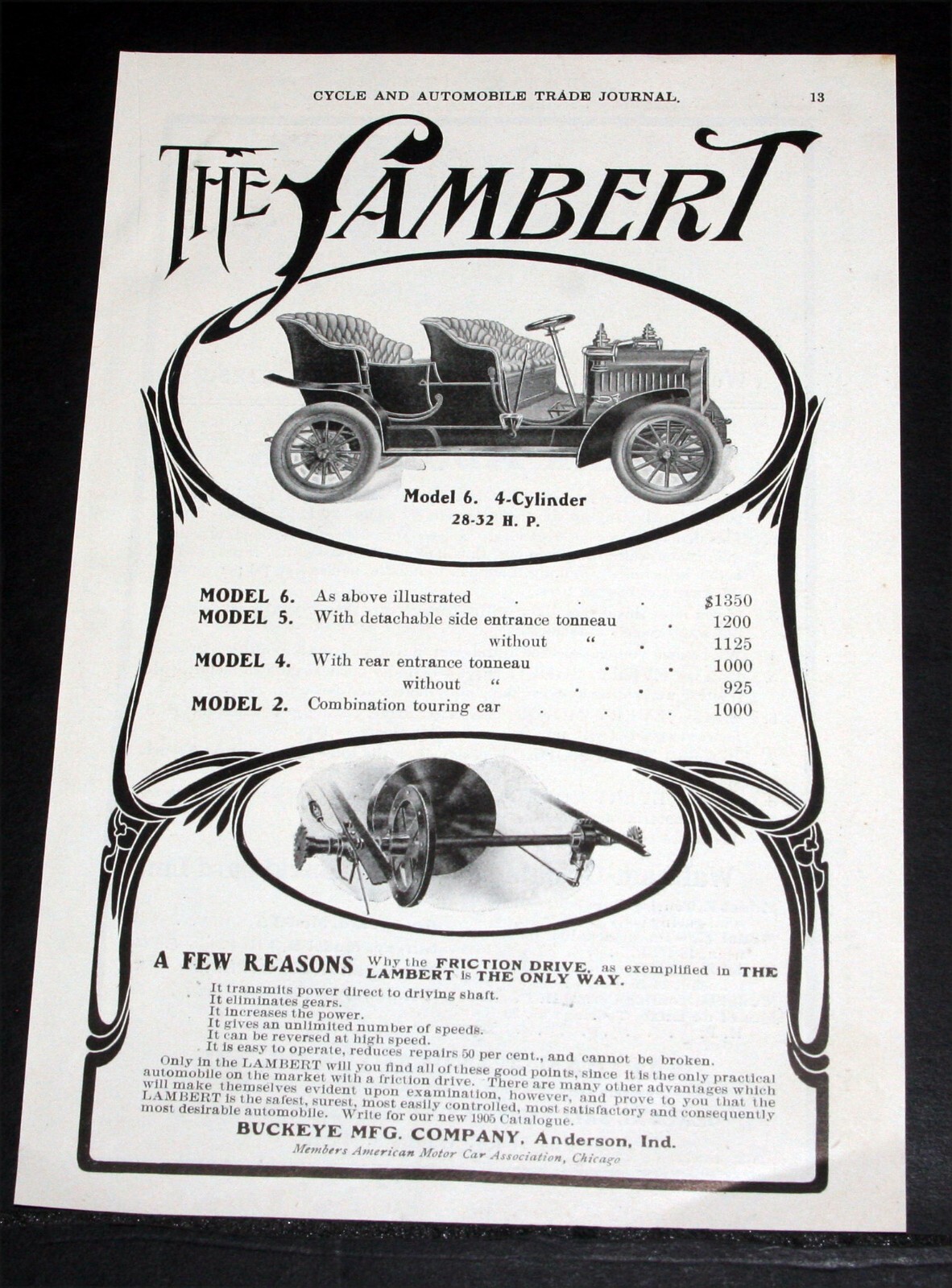 1905 OLD MAGAZINE PRINT AD, LAMBERT MODEL 6 TOURING CAR, WALTHAM-ORIENT ...