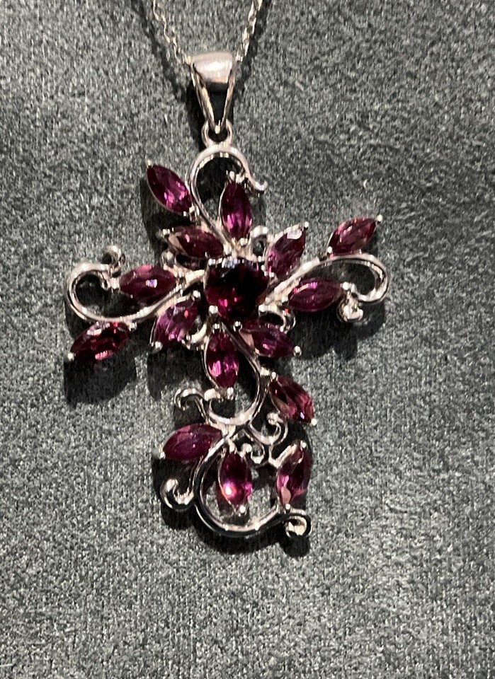 BBJ .925 Sterling Silver Raspberry Rhodolite Cross Pendant 18” Necklace ...