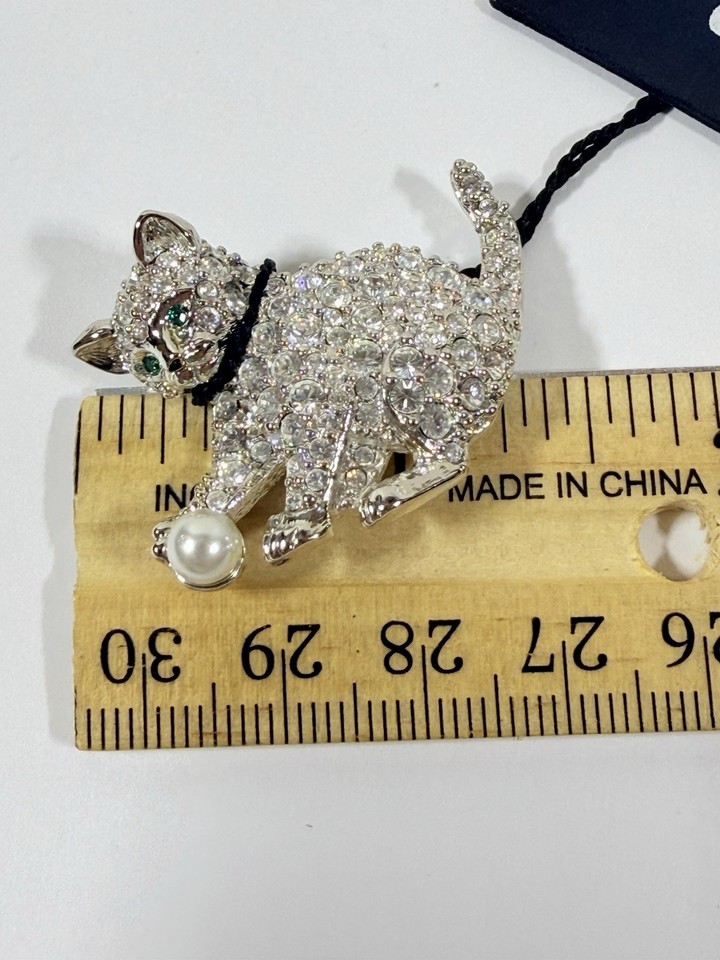 Swarovski Crystal Cat with Green Eyes Playing with a Pearl Ball Brooch ...