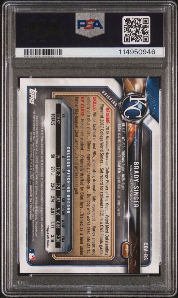 2018 Bowman Draft Chrome Brady Singer Gold Wave Auto 1st /50 PSA 9 ...