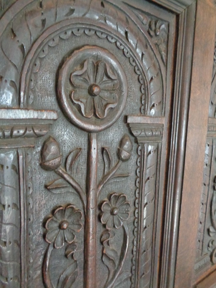 17th CENTURY CARVED OAK BED HEADBOARD ANTIQUE GOTHIC DOUBLE SIZE TESTER ...