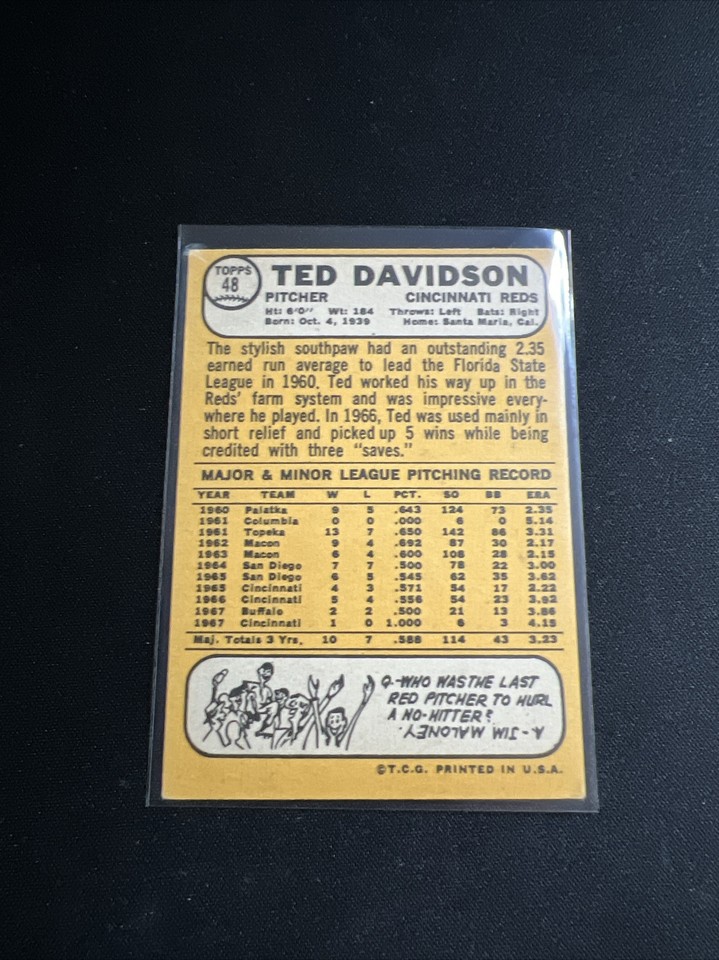 1968 Topps #48 Ted Davidson Cincinnati Reds NR-MINT SET BREAK! | eBay