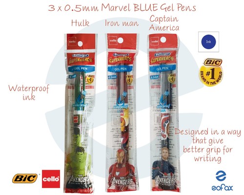 3 x 0.5mm BIC CELLO BUTTERGEL MARVEL HULK IRON MAN CAPTAIN AMERICA BLUE ...