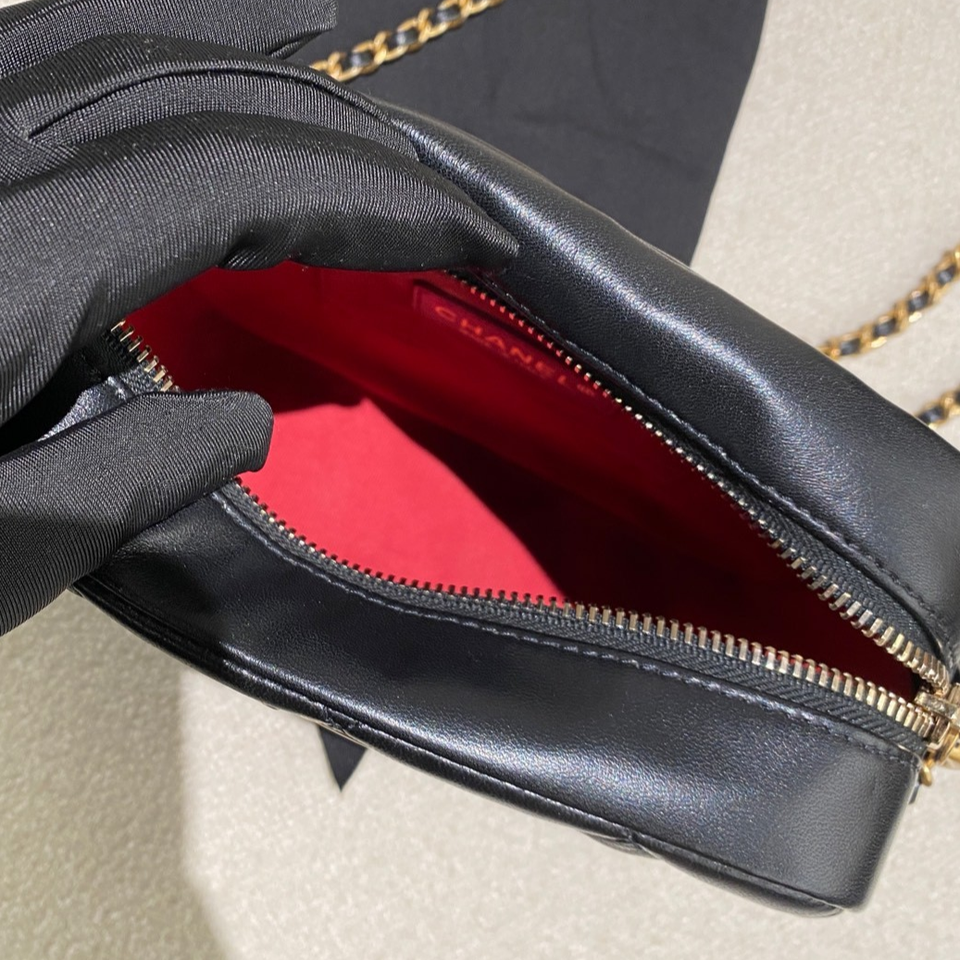 Chanel Quilted Caviar Camera Bag with Pearl Chain Black Gold Crossbody ...