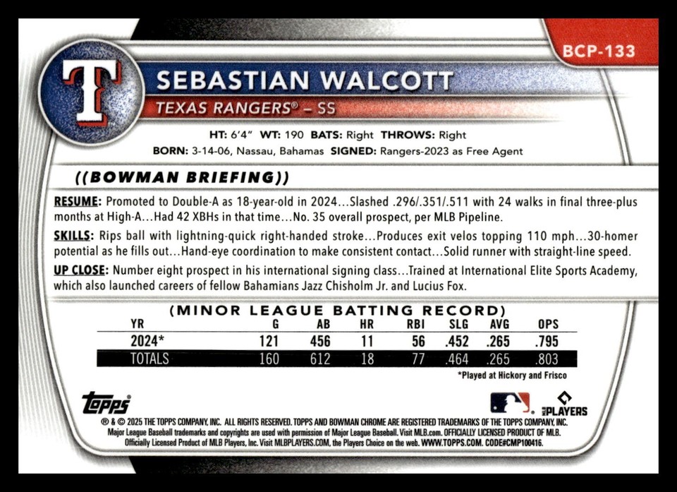 2025 Topps Bowman Prospects Chrome BCP-133 Sebastian Walcott, Texas ...