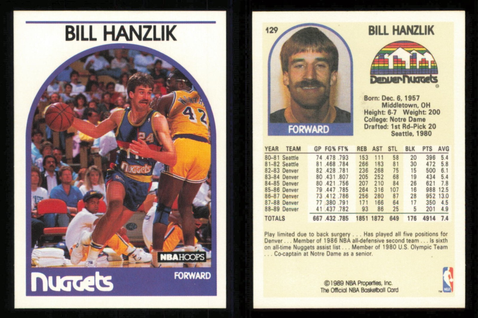 1989-90 NBA HOOPS Basketball Trading Card - BILL HANZLIK #129 😎 Denver ...