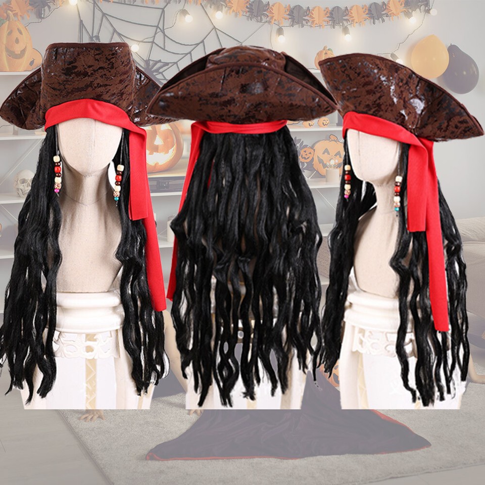 Mens PIRATE HAT WITH DREADLOCKS Fancy Dress Party Costume Captain Jack ...