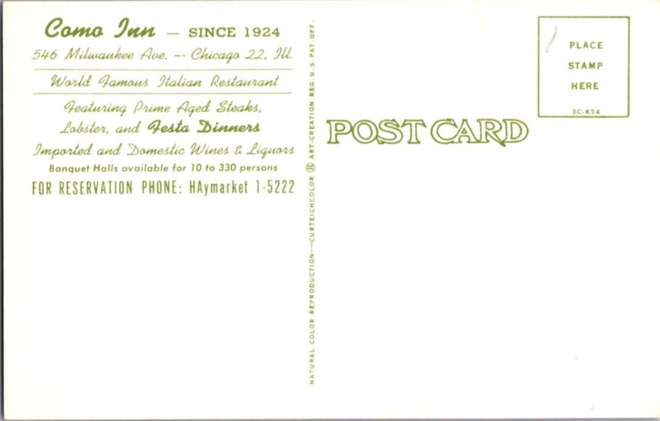Pre-1980 RESTAURANT DISPLAY AT COMO INN HOTEL Chicago Illinois IL j/24 ...