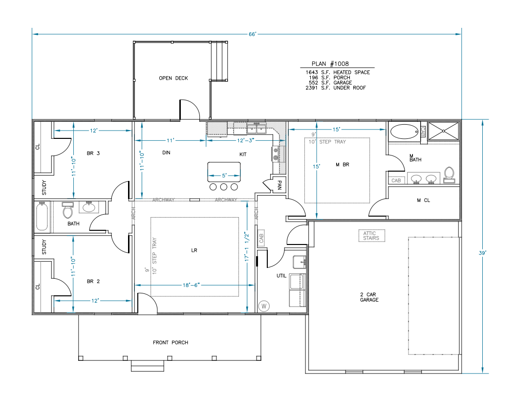 Ranch House Plans 1643 SF 3 Bed 2 Bath Open Floor Split BR (Blueprints ...