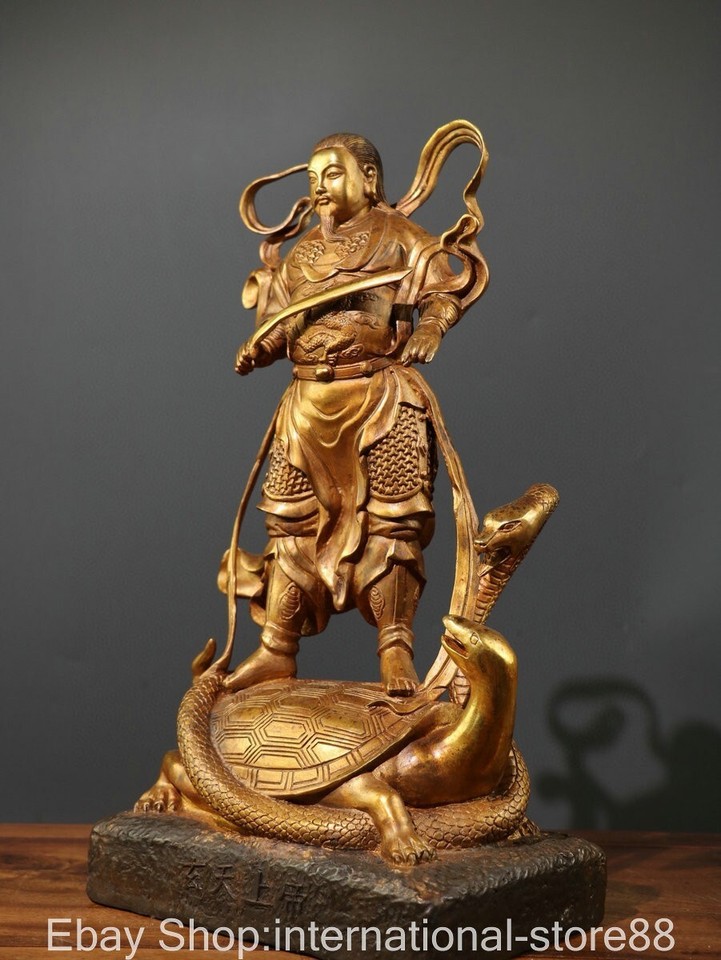 16" Old Chinese Copper Gilt Feng Shui Xuanwu Emperor Snake Turtle ...
