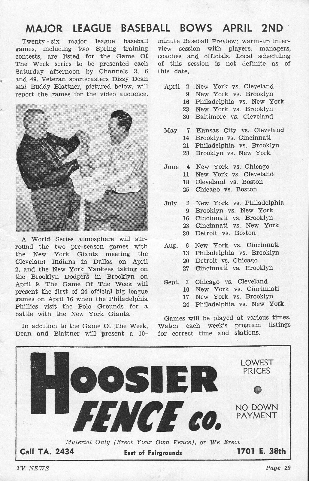 1955 TV ARTICLE NEW BASEBALL SEASON SCHEDULE DIZZY DEAN & BUDDY ...