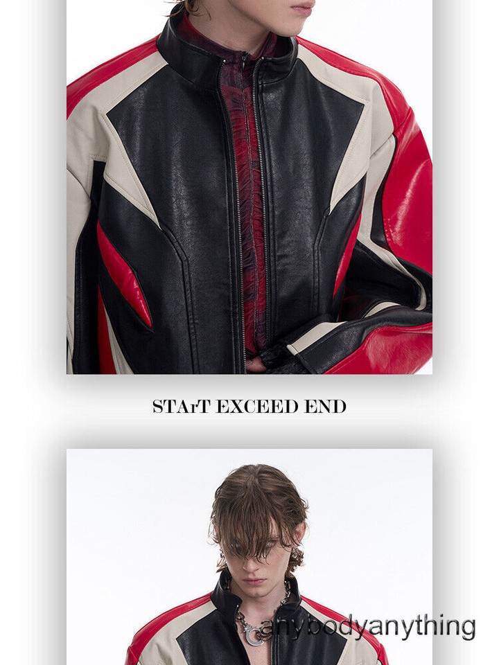 Men Short Standing Collar Leather Jacket Spring Splicing Motorcycle ...