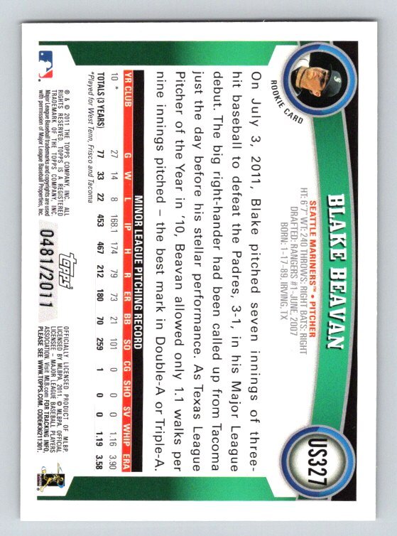 2011 Topps Update-Gold SN2011 #US327 Blake Beavan FREE SHIPPING! | eBay