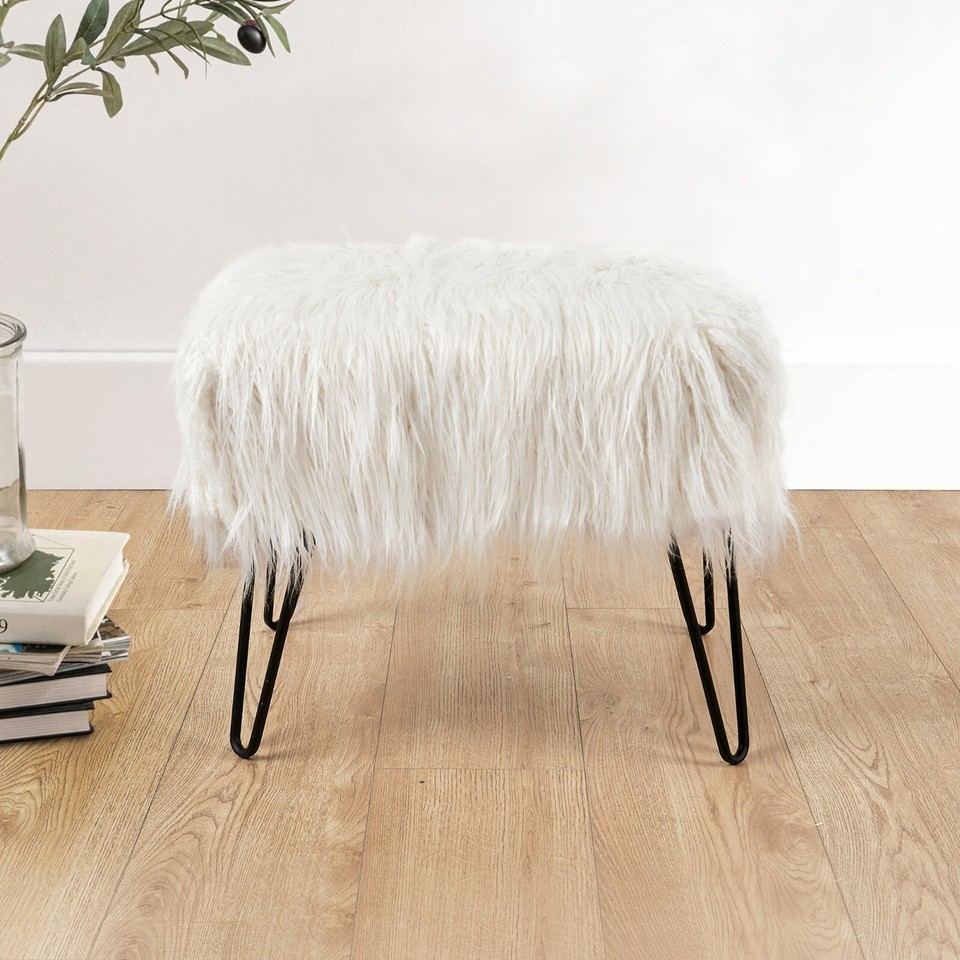 Fluffy Mongolian Faux Fur Ottoman Bench for Modern Living Room Home ...