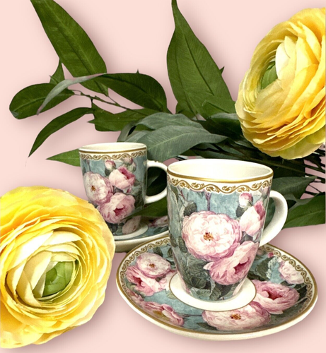 Beautiful Easy Life Porcelain Espresso Cups Coffee Roses Set of 2 Gift ...